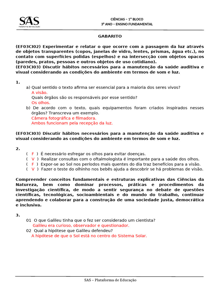 2020 Prog Cie 3A BL1 Gab | PDF | Science | Deficiência visual