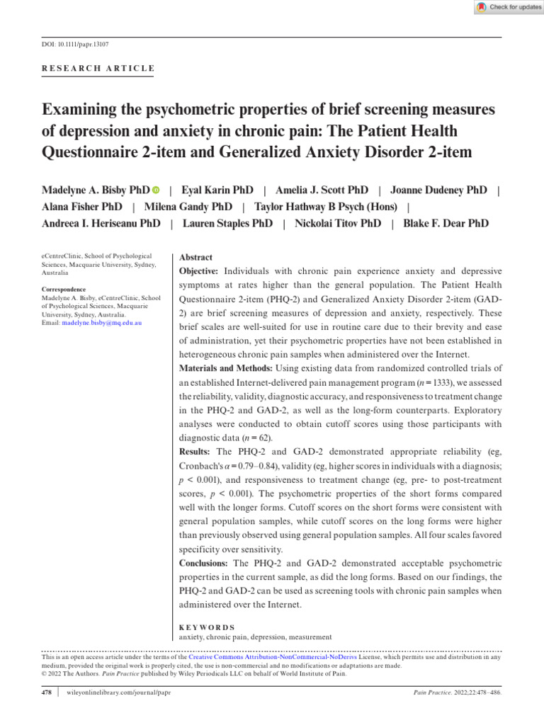 Pain Practice - 2022 - Bisby - Examining The Psychometric Properties of ...