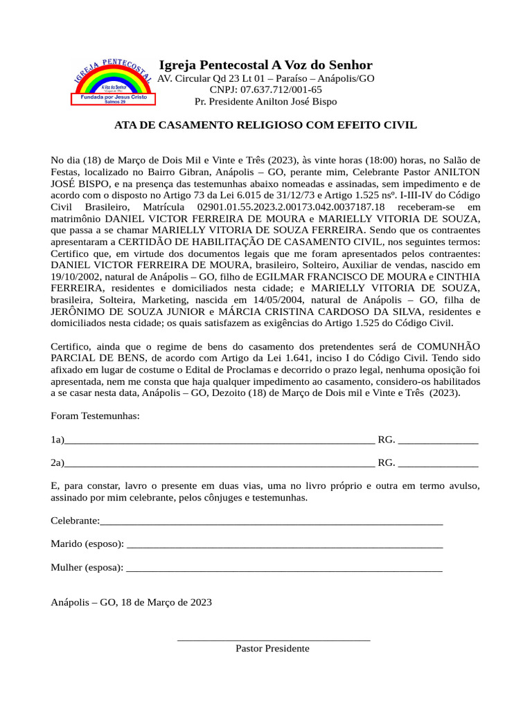 Ata de Casamento | PDF | Casamento | Convenções sociais