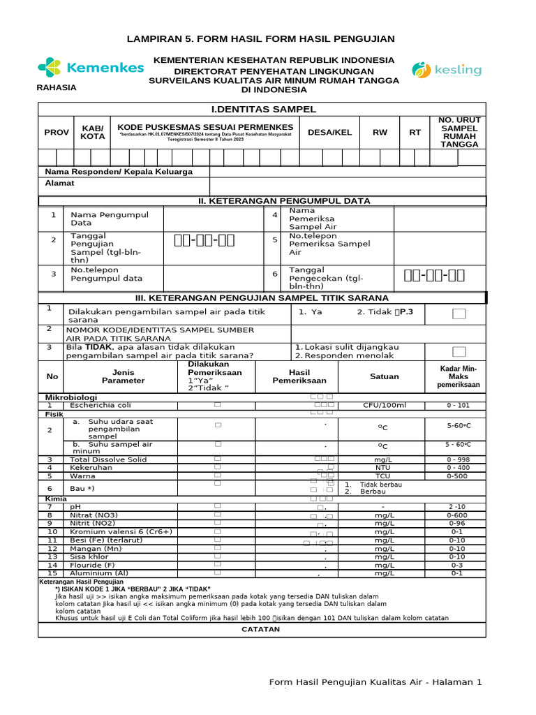 05 LAMPIRAN 5. FORM Hasil Pengujian Sampel Air FIX 30072024 | PDF