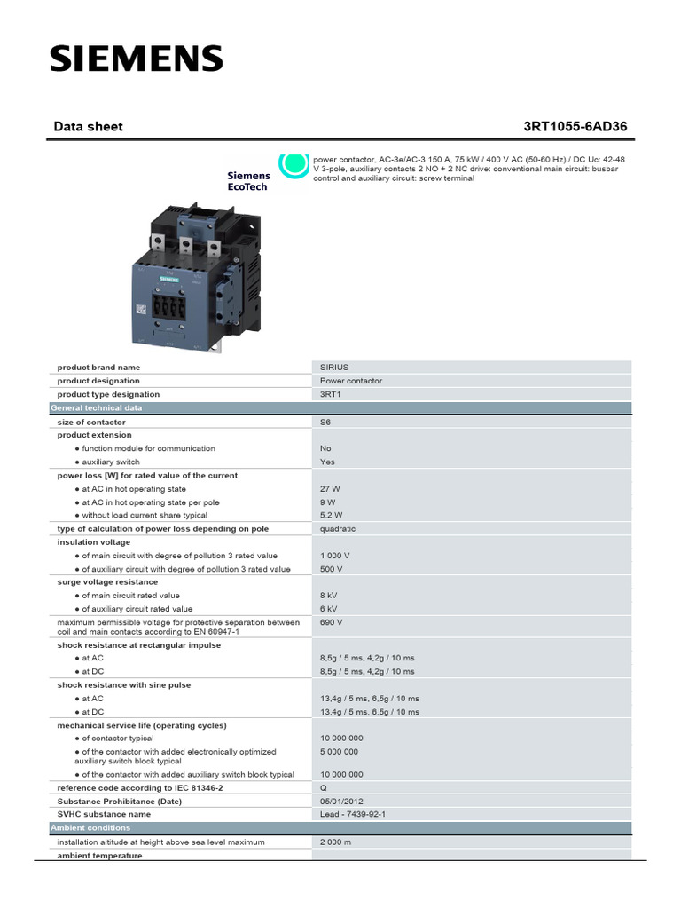 Data Sheet 3RT1055-6AD36 | PDF | Alternating Current | Inductor