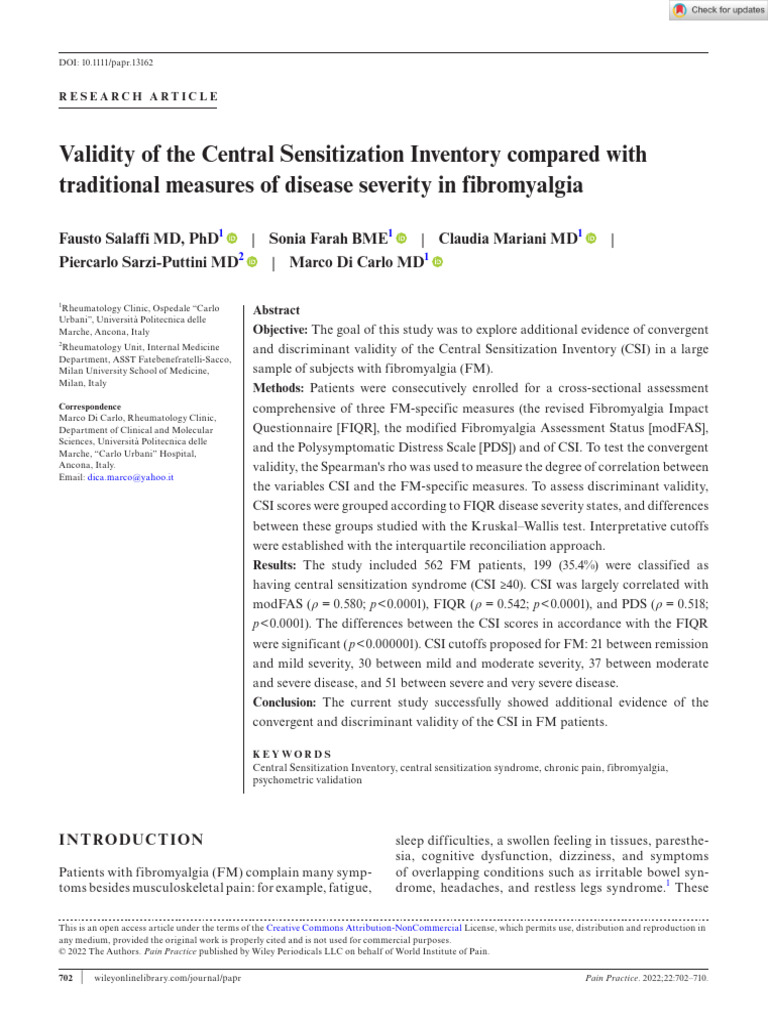 Pain Practice - 2022 - Salaffi - Validity of The Central Sensitization ...