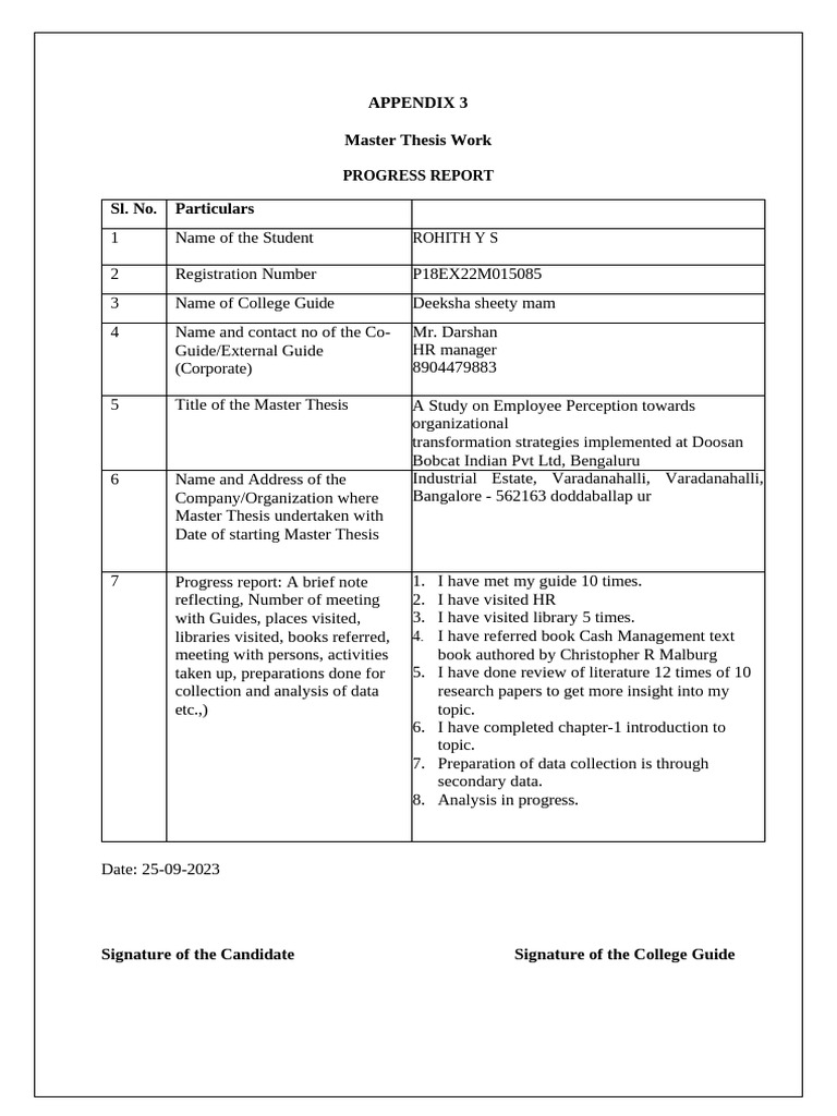 Appendix 3 Master Thesis Work: Progress Report | PDF