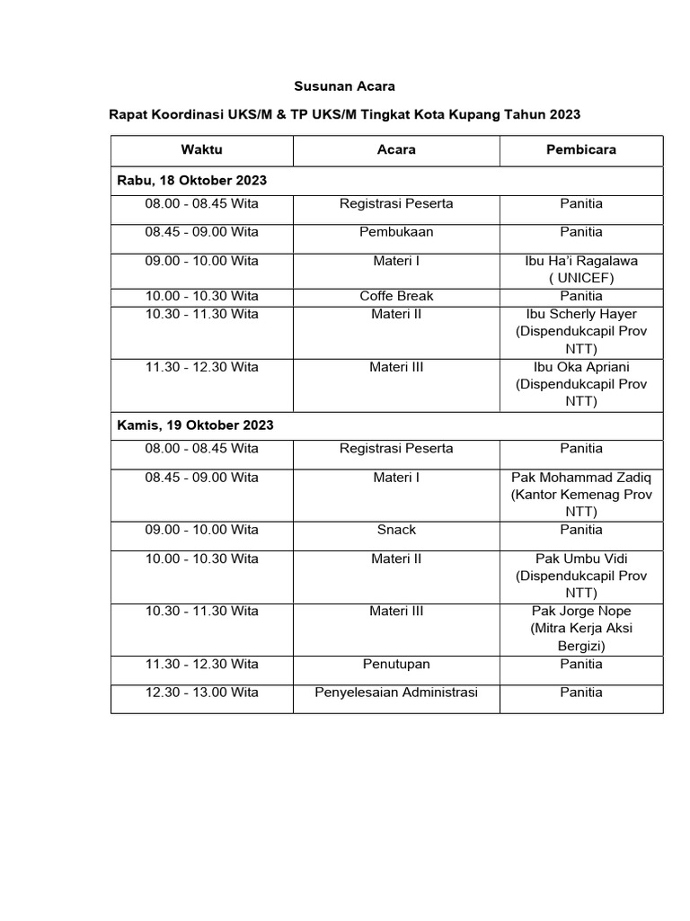 Susunan Acara Kegiatan Rakor UKS Tahun 2023 | PDF