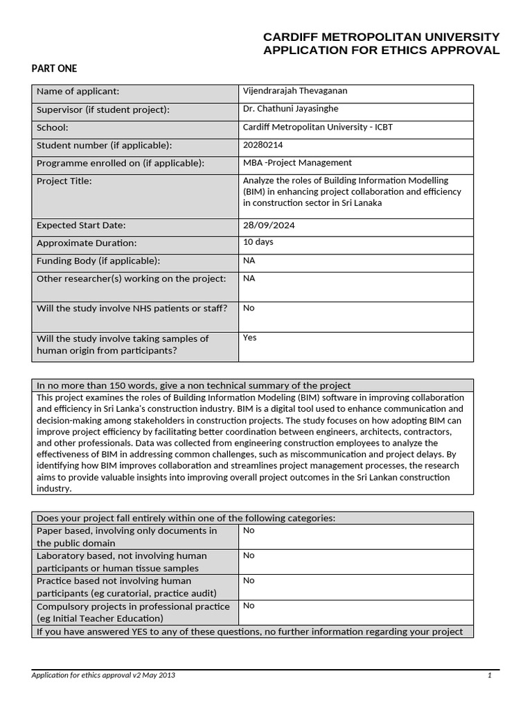 Exemplar 1 Research Ethics Approval Application Form THEVAGANAN | PDF ...