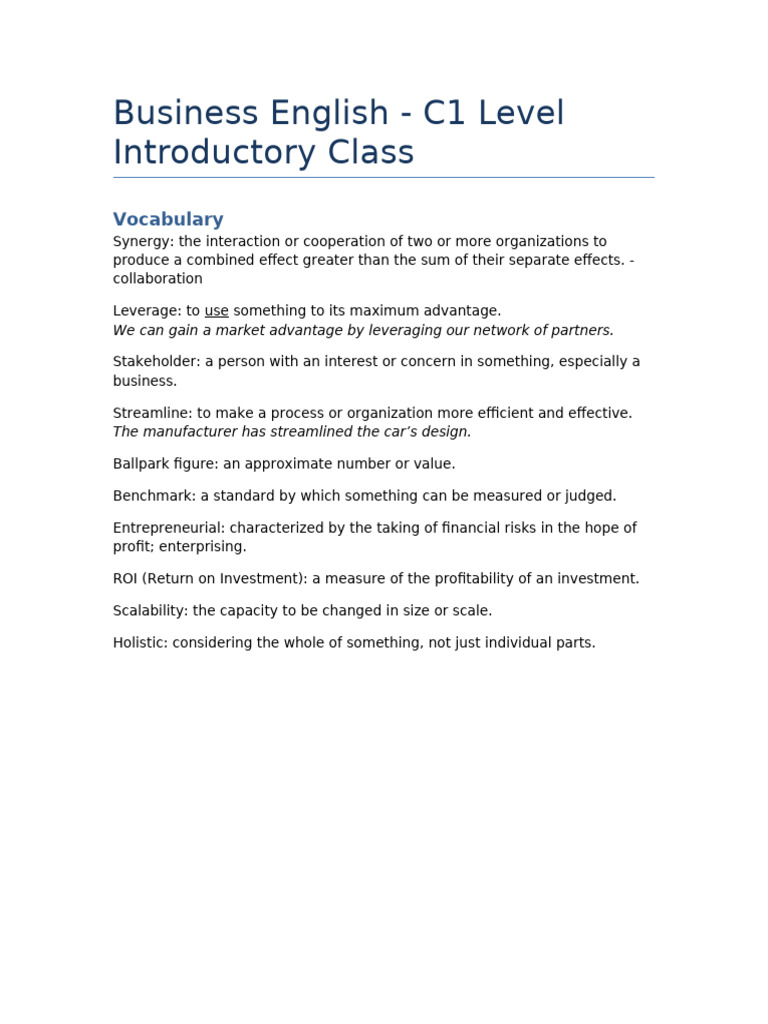 C1_Business_English_Class_1 | PDF | Return On Investment | Business ...