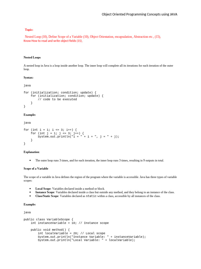 Day - 4 - Nested Loop (10), Define Scope of A Variable (10), Object Orientation, Encapsulation ...