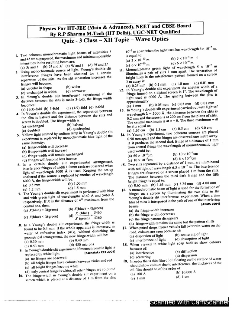 Class XII Quiz - 3 Wave Optics | PDF