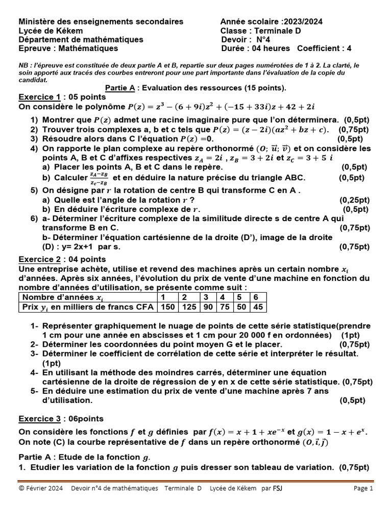 Lycée de Kékem Tle D Seq 4 2023-2024 | PDF | Ajustement affine | Coordonnées cartésiennes