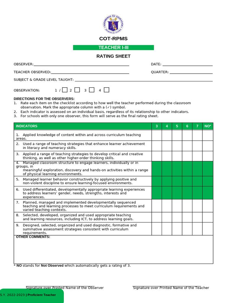 Appendix C 02 COT RPMS Rating Sheet For T I III For SY 2022 2023 | PDF ...
