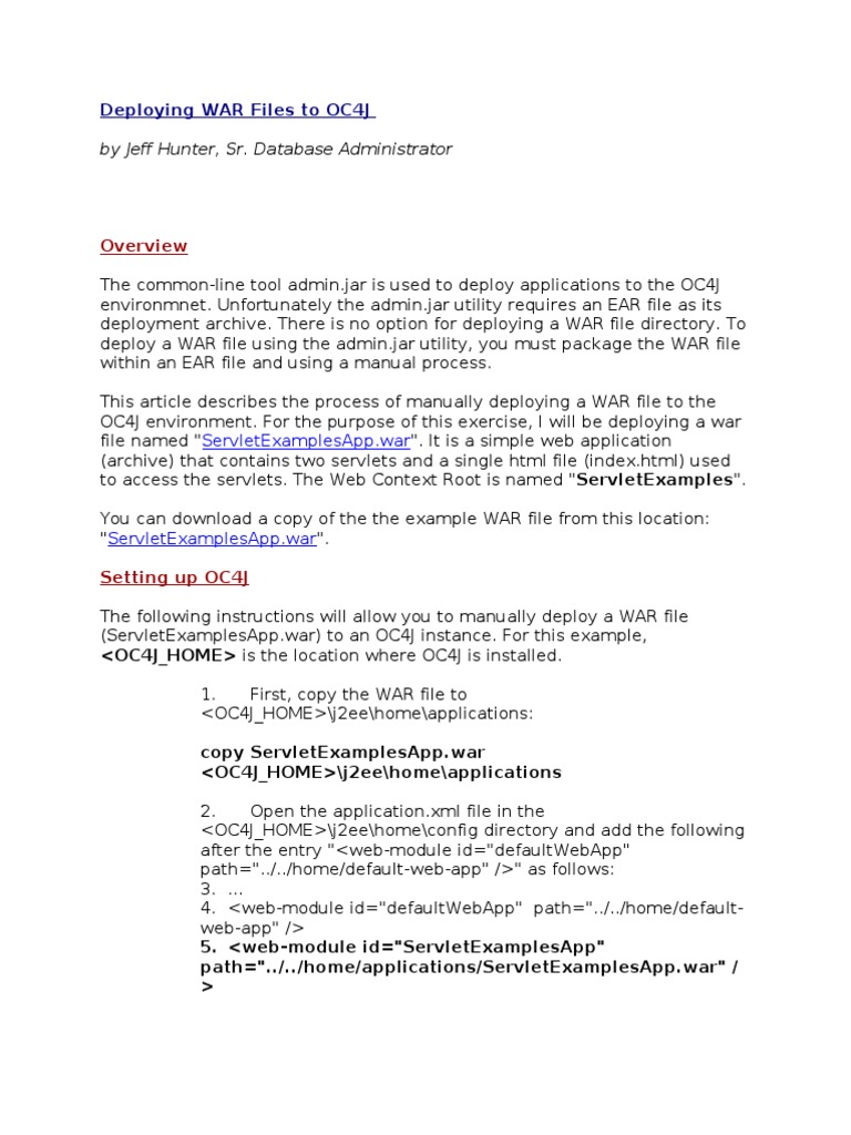Deploying War Files To Oc4j Pdf Java Servlet Java Programming Language