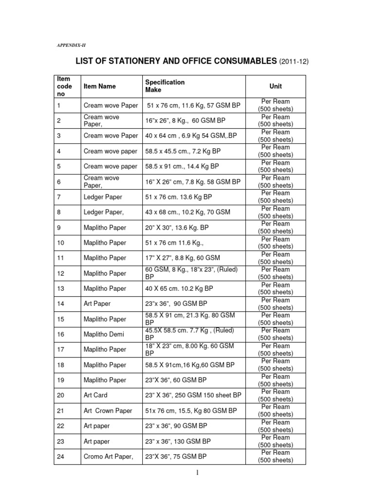 Stationary list | PDF | Office Work | Office Equipment
