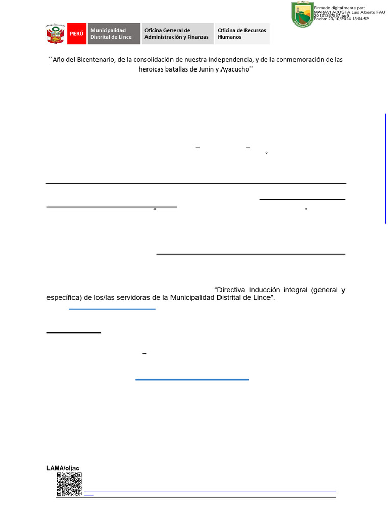 I Informe Circular N 00136-2024-Mdl-ogaf-Orh Inducción General | PDF