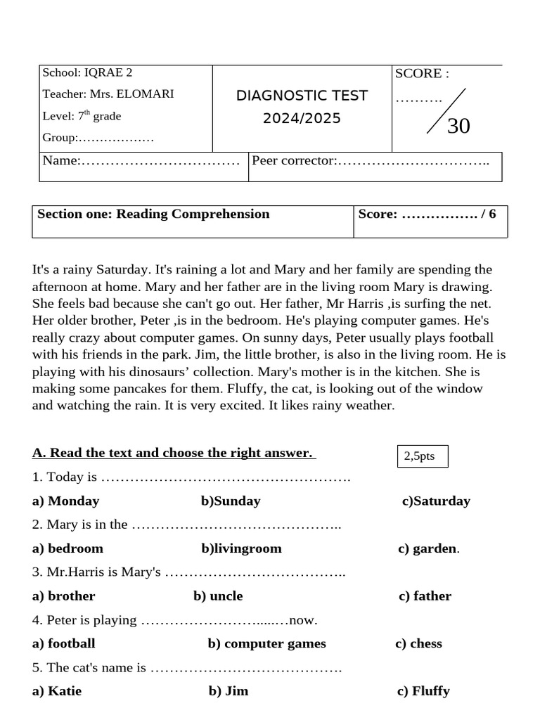 Diagnostic Test7th Grade | PDF