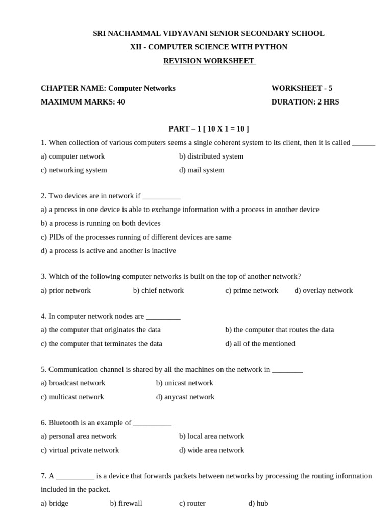 Xii CS W5 - Networks Revision | PDF | Computer Network | Network Switch
