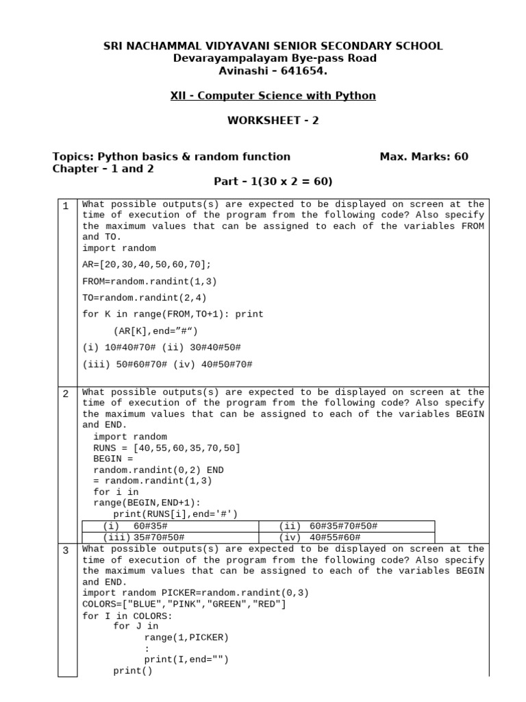 Xii Cs W2 Python Basic And Random Pdf Parameter Computer Programming Computer Science