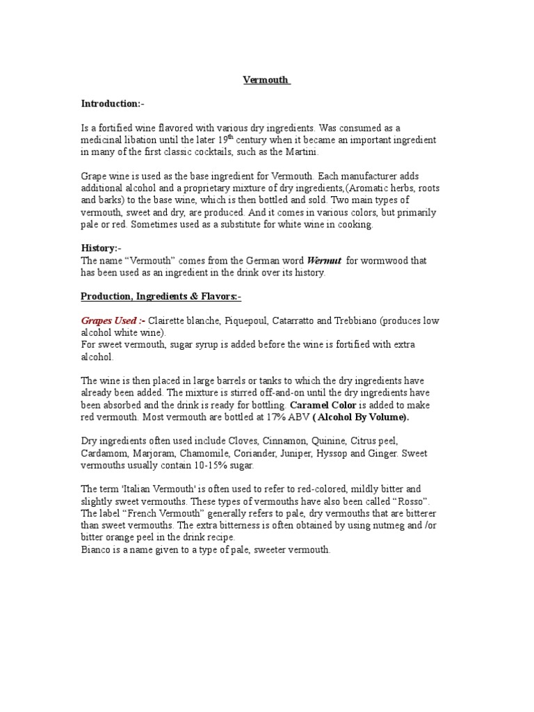 Vermouth Introduction:-: Grapes Used | PDF | Alcoholic Drinks | Drink