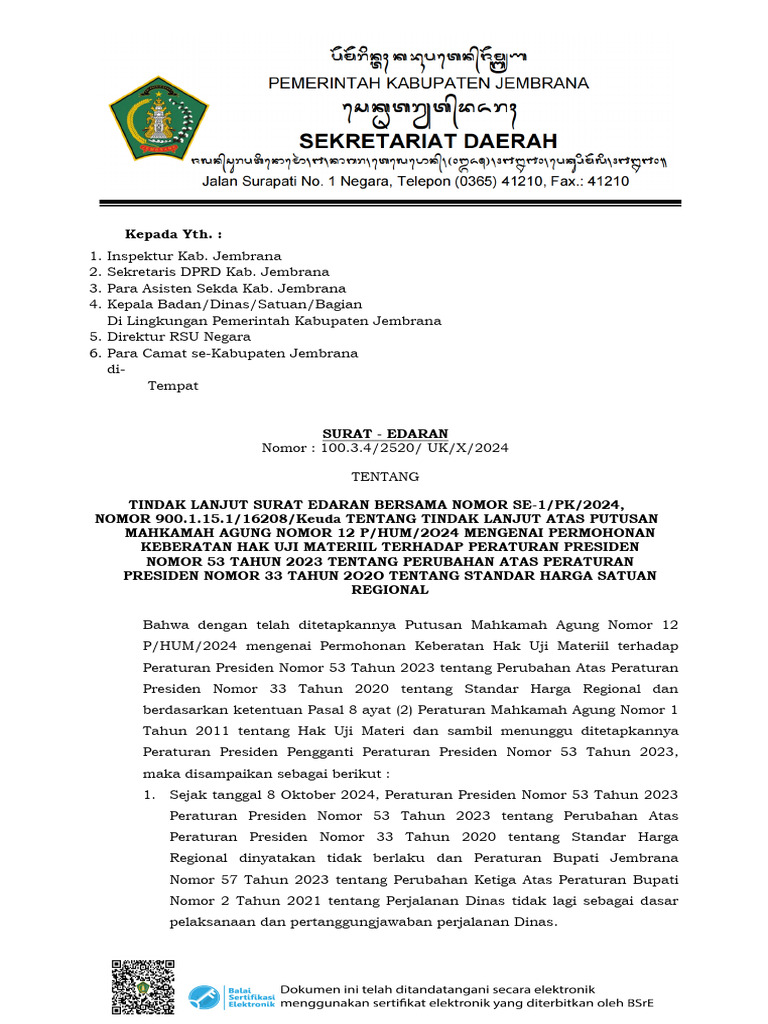 Surat Edaran Tindak Lanjut Pencabutan Perpres 53 Tahun 2023 | PDF | Pengelolaan Keuangan & Uang