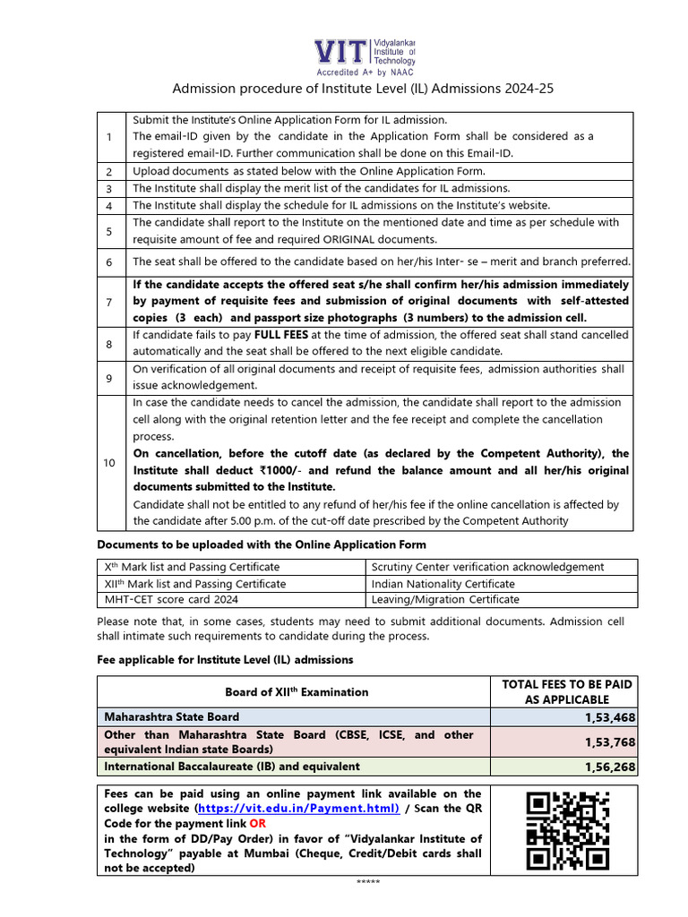 Admission Procedure of Institute Level Admissions 2024-25 | PDF | Payments | Receipt