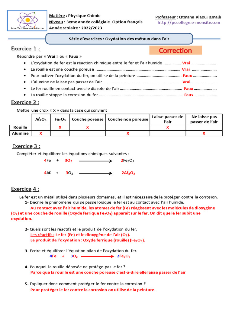 Exercices sur l'oxydation des métaux | PDF | Réaction d'oxydoréduction ...