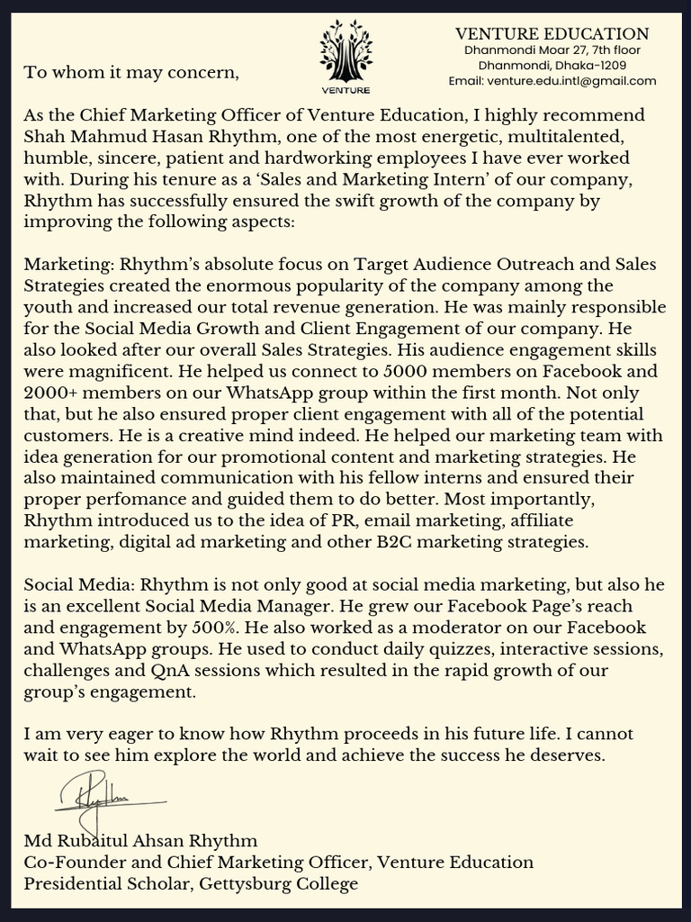 Reference Letter - Venture Education | PDF | Self-Improvement