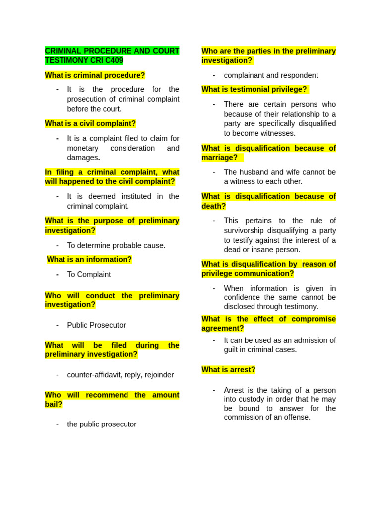 Criminal Procedure and Court Testimony Cri C409 | PDF | Witness | Hearsay