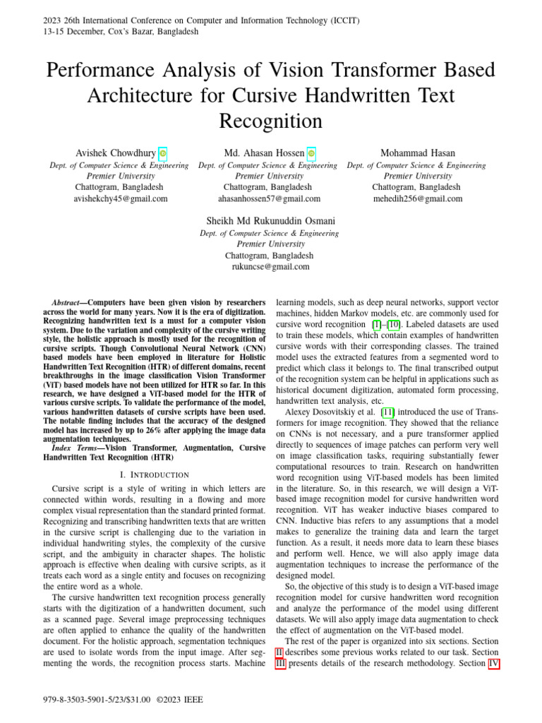 Performance Analysis of Vision Transformer Based Architecture For Cursive Handwritten Text ...