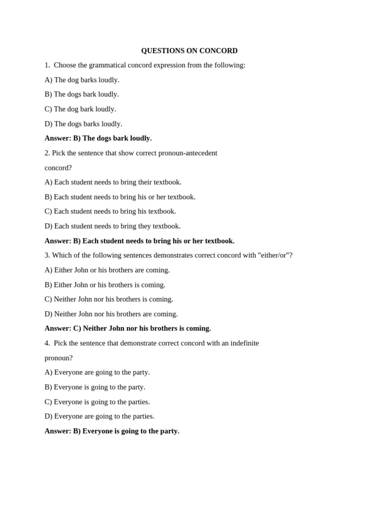 Concord Questions and Answers Quiz | PDF | Linguistic Typology ...