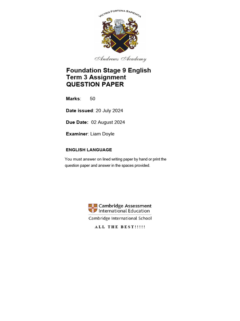 Foundation Stage 9 English Term 3 Assignment QUESTION PAPER | PDF ...