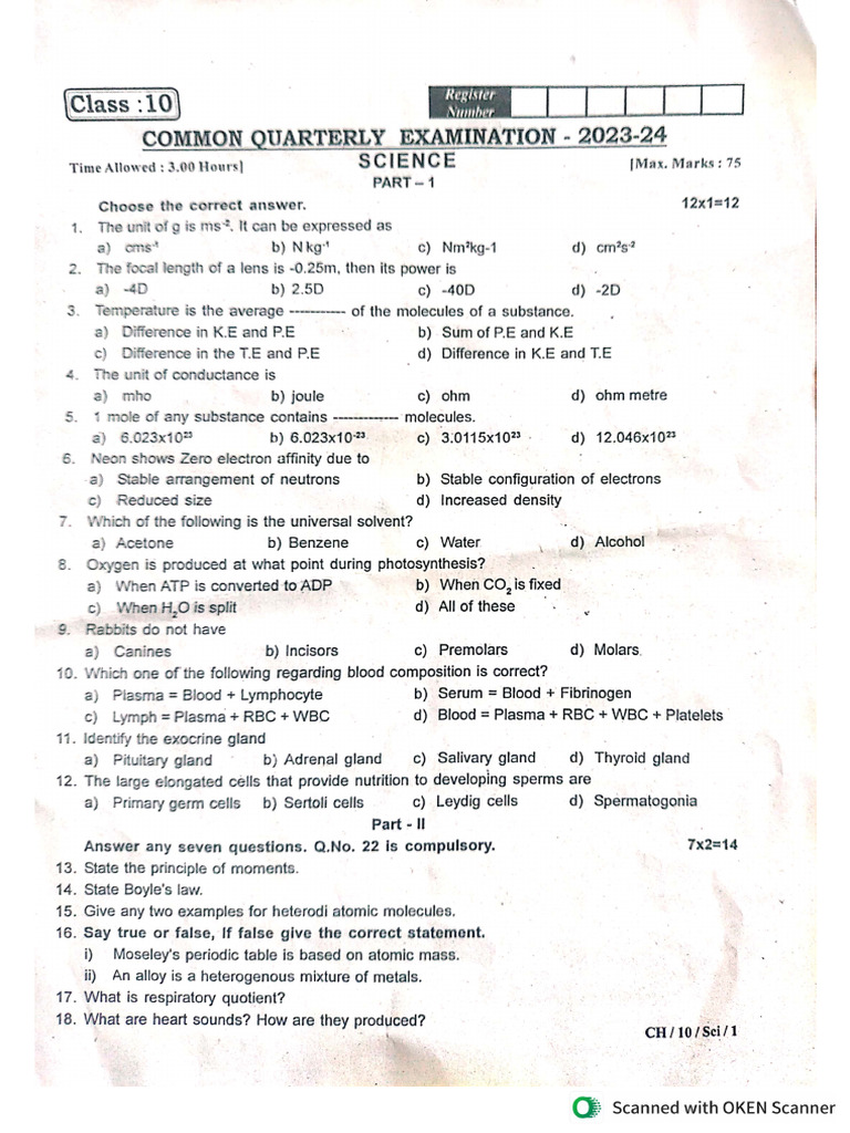 10th Science Quarterly Question Paper 2023 | PDF