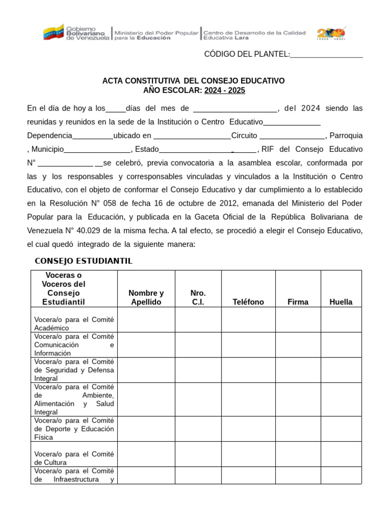Acta Constitutiva Del Consejo Educativo 2024-2025 | PDF | Documento de identidad | Gobierno