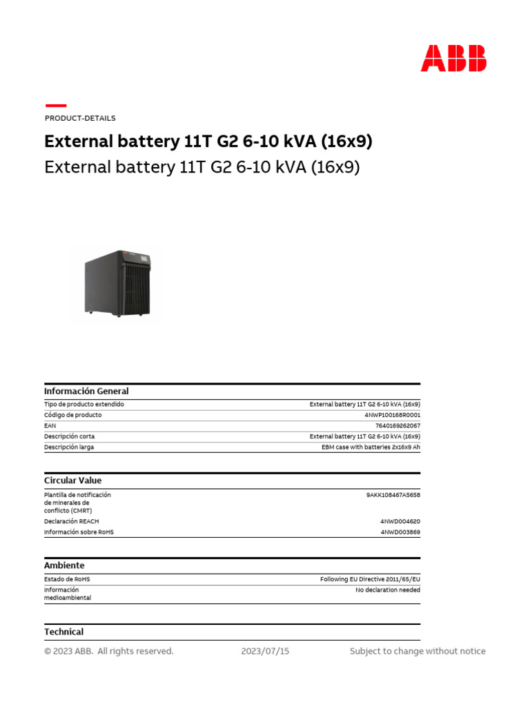 4NWP100168R0001 External Battery 11t g2 6 10 Kva 16x9 | PDF