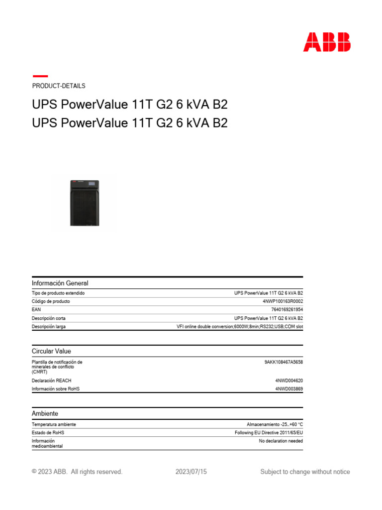 4NWP100163R0002 Ups Powervalue 11t g2 6 Kva b2 | PDF | Electrónica