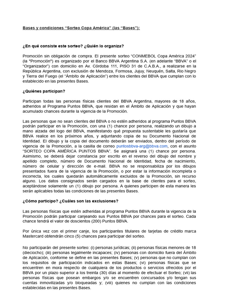 Bases y Condiciones Sorteo Copa America | PDF | Argentina | Visa de viaje