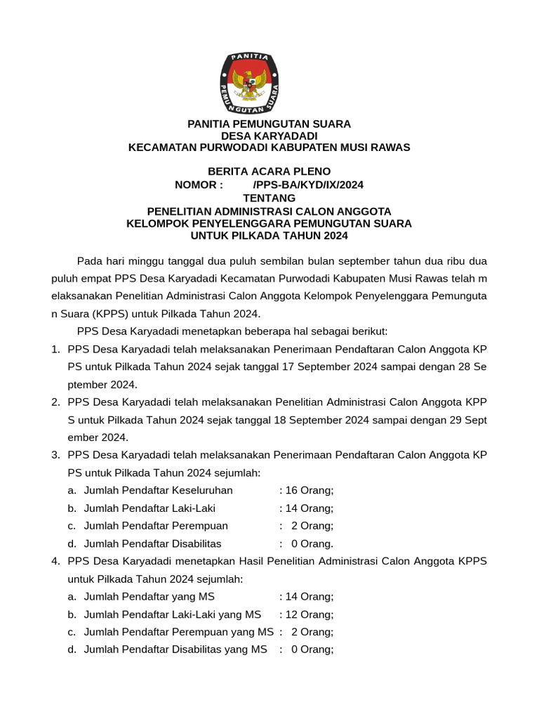 Berita Acara PPS Penelitian Administrasi KPPS | PDF