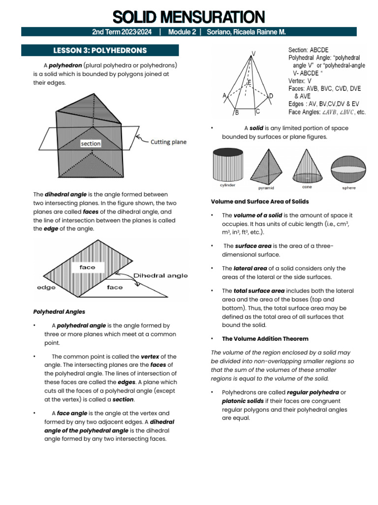 Polyhedrons: Geometry and Formulas | PDF | Area | Euclid