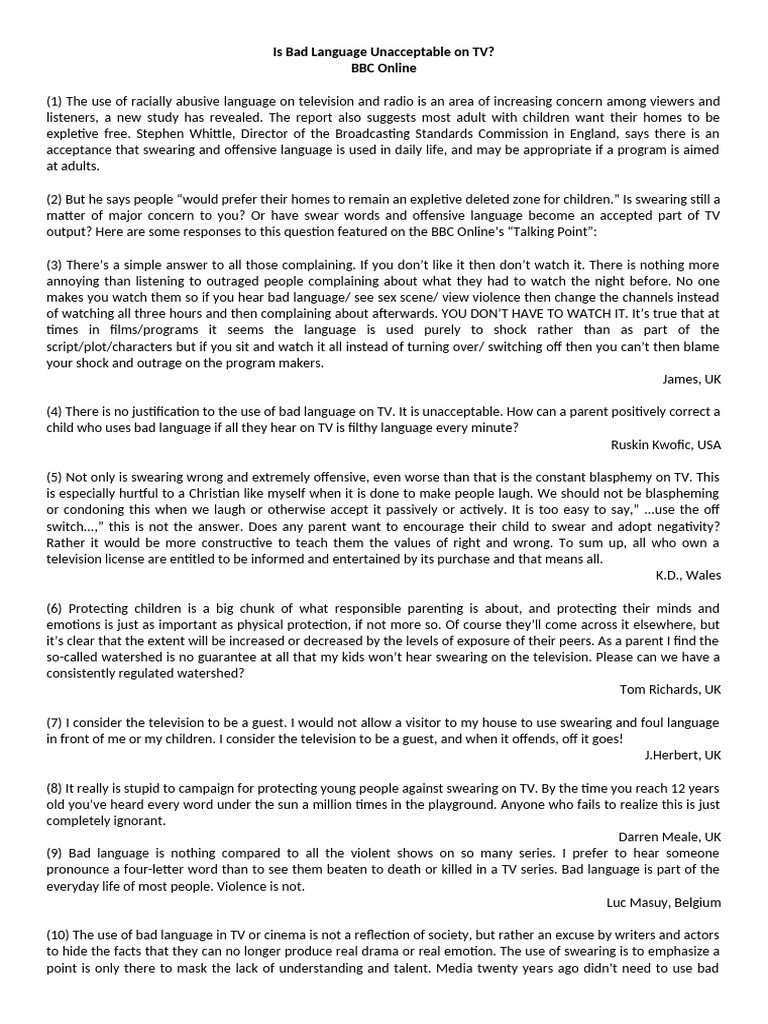 Is Bad Language Unacceptable On TV | PDF | Profanity