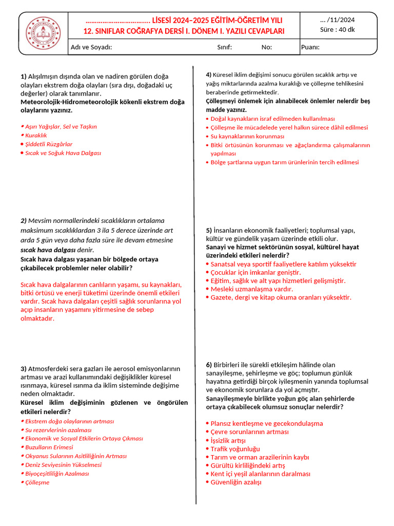 12 Sinif 1 Donem 1 Yazili Cevap Anahtari 2024 2025 | PDF