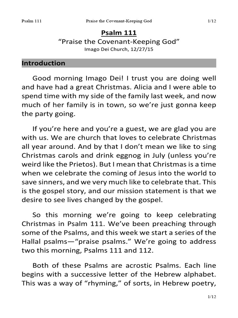 Psalm 111 - 8 Sermon Transcript | PDF | Covenant (Biblical) | Covenant ...