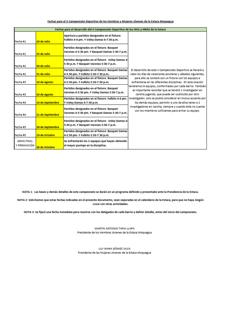 FECHAS DEL SEGUNDO CAMPEONATO DEPORTIVO_HHJJ_Y_MMJJ_ESTACA MOQUEGUA | PDF