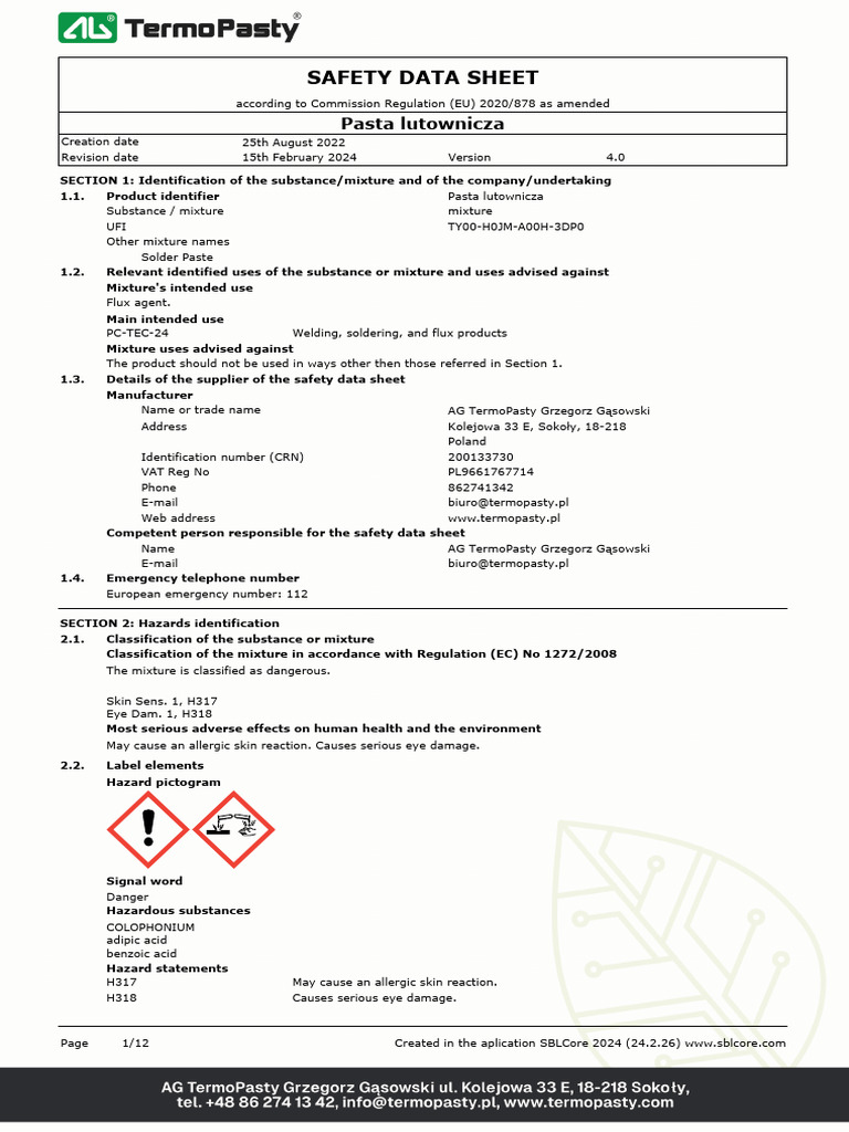 Solder Paste Safety Data Sheet | PDF | Waste | Dangerous Goods