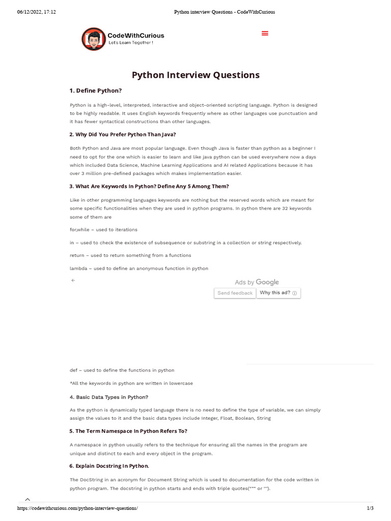 Python Interview Questions Codewithcurious Pdf Python Programming Language Class