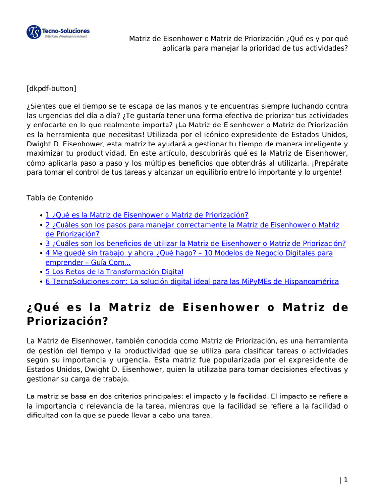 Matriz de Eisenhower: Prioriza tus Tareas | PDF | Gestión del tiempo ...