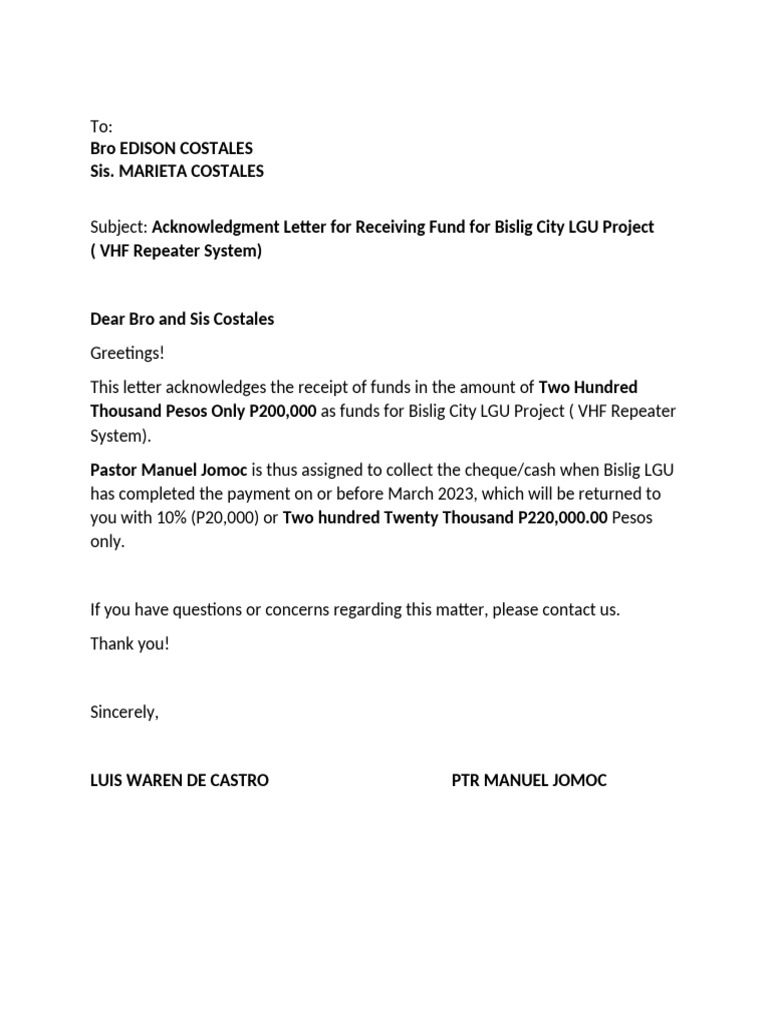 Acknowledgement Letter of Funds | PDF