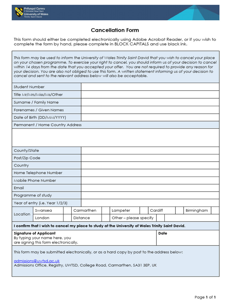 UWTSD Programme Cancellation Form | PDF | Career & Growth