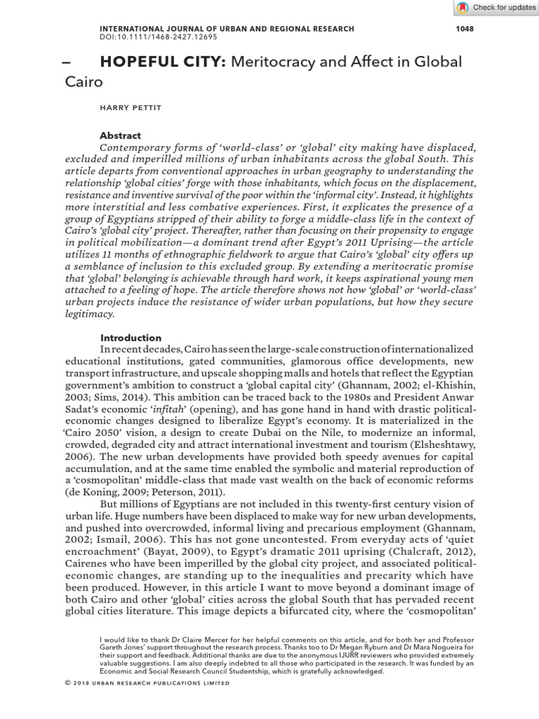 Int J Urban Regional Res - 2018 - Pettit - Hopeful City Meritocracy and Affect in Global Cairo ...