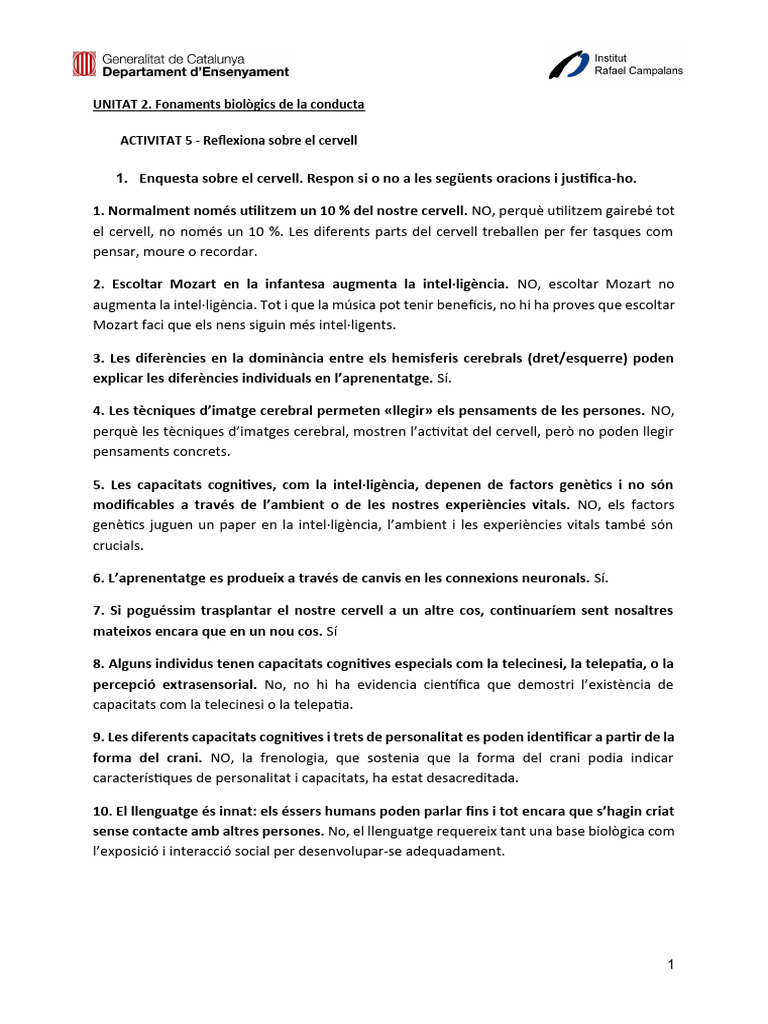 ACT5 - . Reflexiona Sobre El Cervell | PDF