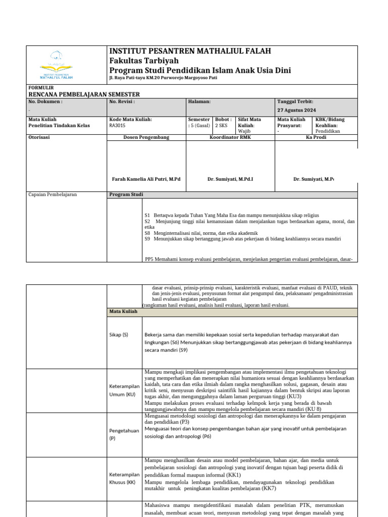 RPS Penelitian Tindakan Kelas | PDF