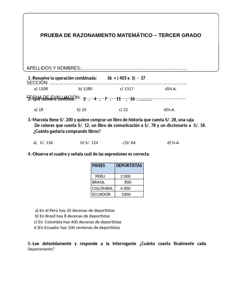 Prueba de Matematica 3er Grado - 2011 | PDF