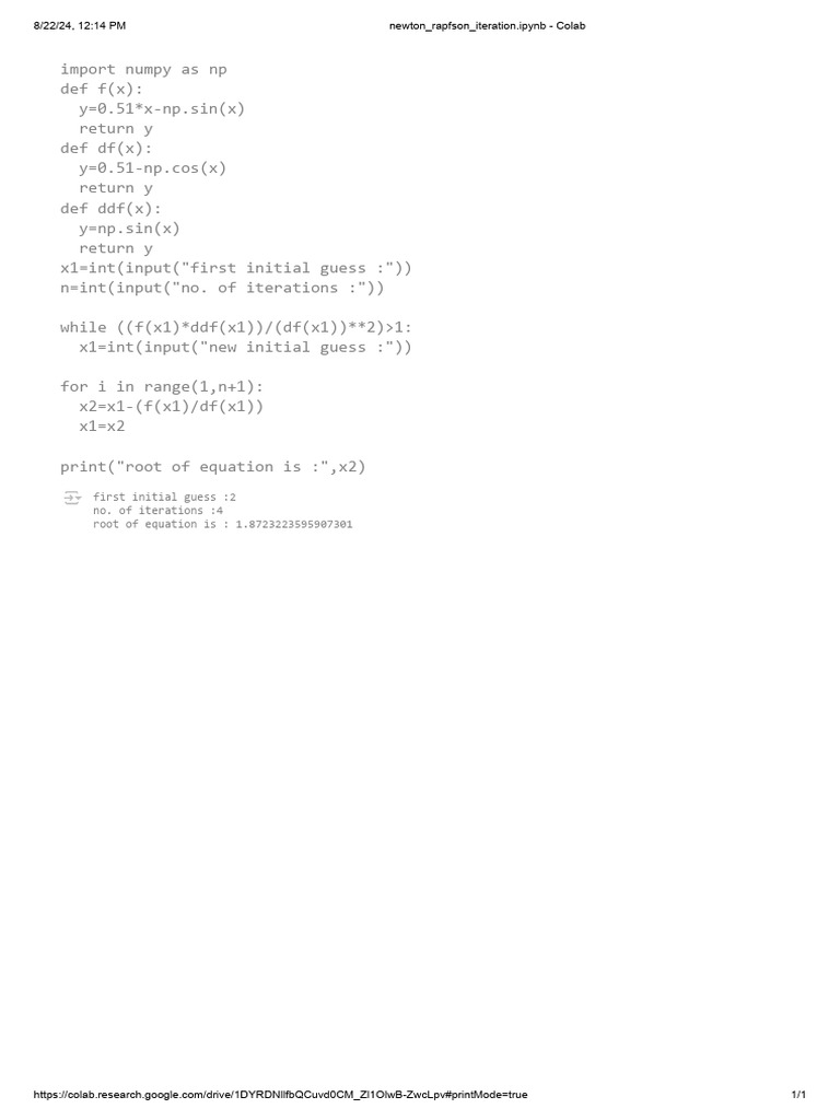 Newton Rapfson Iteration.ipynb - Colab | PDF